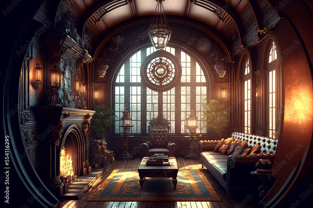 Ilustración de Stock steampunk interior design, fantasy retro hall, in a victorian house with ...