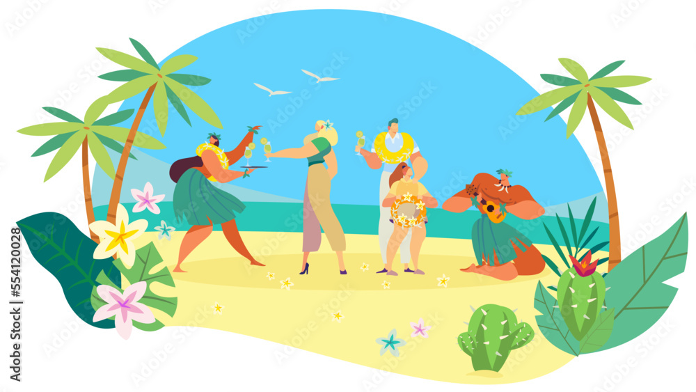 Hawaiian people welcome tourist family on exotic island, ethnic summer ...