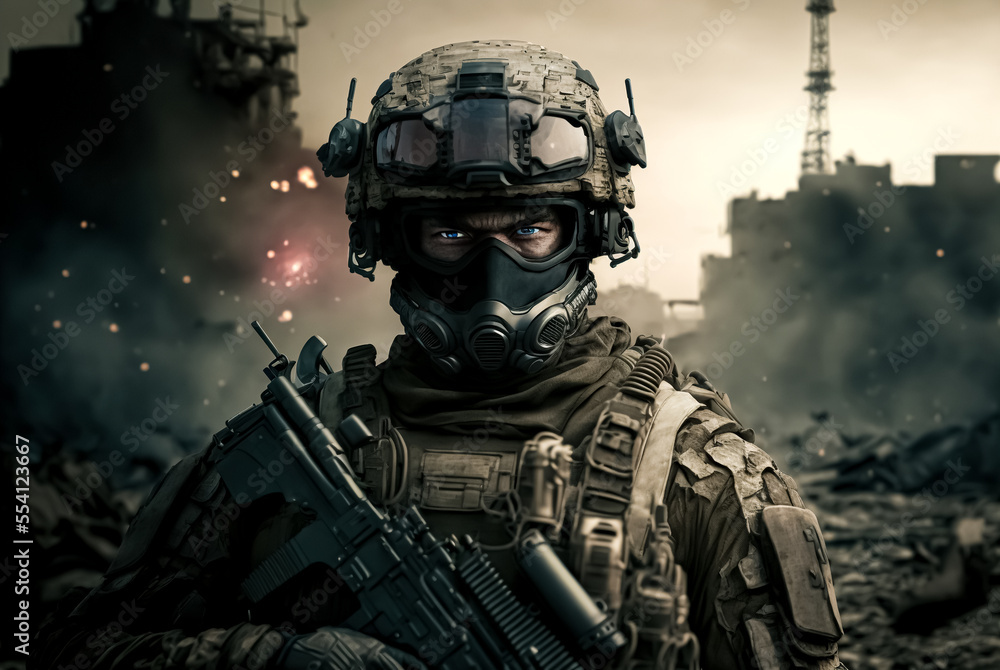 Realistic digital illustration of elite special forces soldier equipped ...