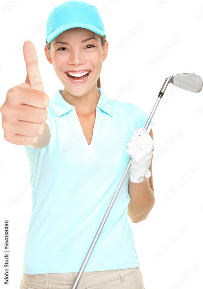 Golf player success woman smiling giving thumbs up hand sign holding ...