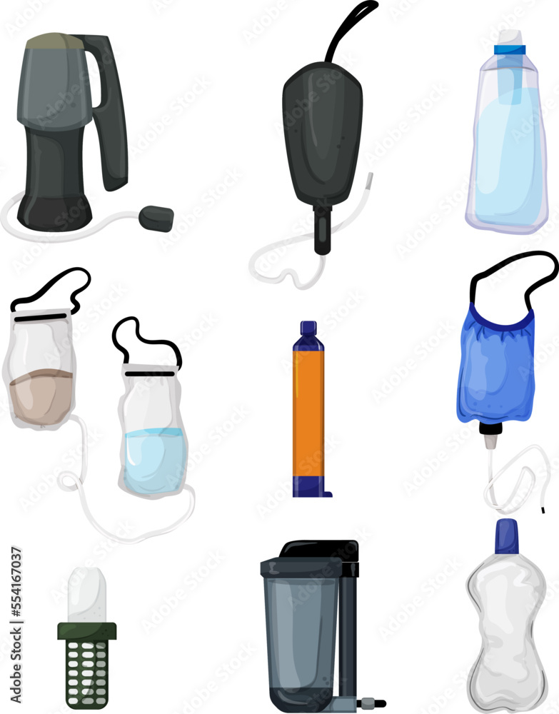 camp water filter set cartoon. tap system, clean purification, drink ...