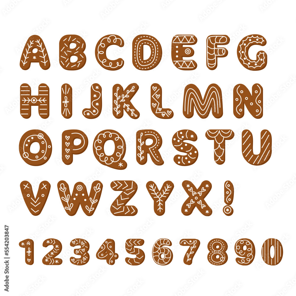 Vector gingerbread alphabet and cute traditional holiday cookies. Sugar ...