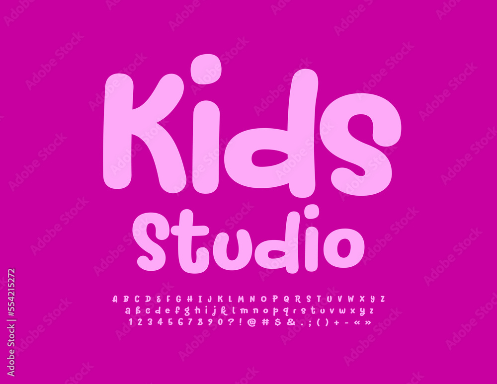Vector bright emblem Kids Studio. Artistic pink Font. Handwritten Alphabet Letters, Numbers and ...