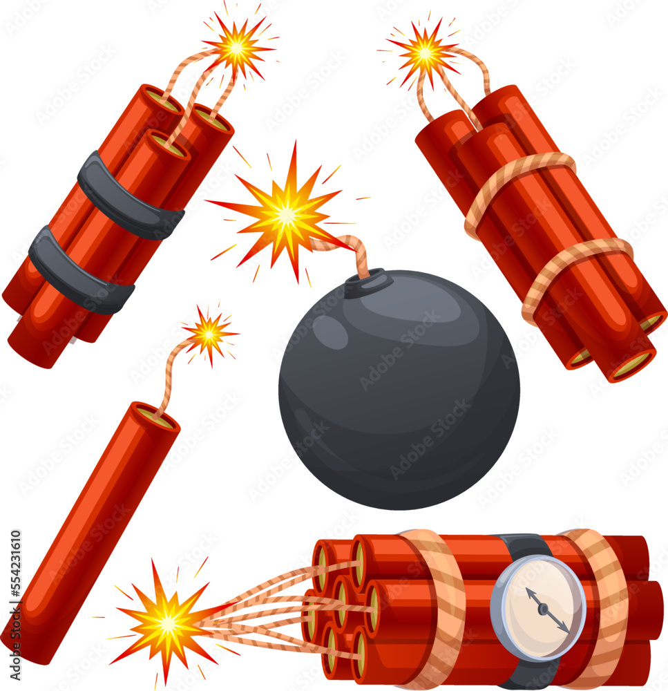 dynamite bomb tnt fire set cartoon. explosive fuse, explosion boom, detonator weapon, danger ...