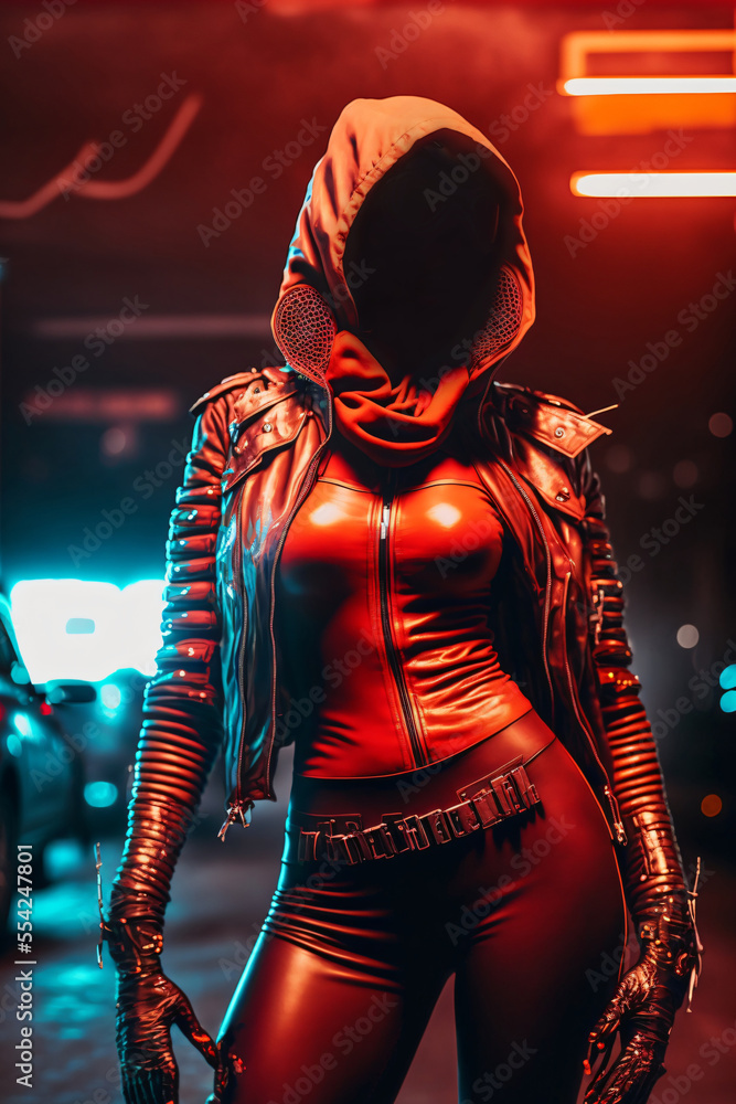 faceless female person, cyberpunk woman in latex dress and leather hoodie, fictional person ...