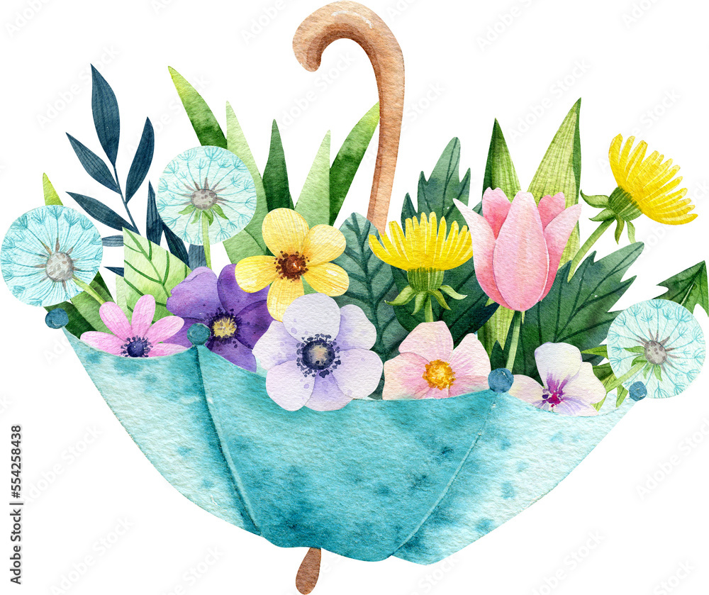 Watercolor floral umbrella illustration, summer spring background ...