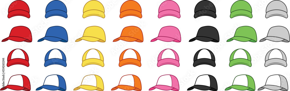Multi Color Baseball Hat Clipart Set - Front and Side Views Stock ...