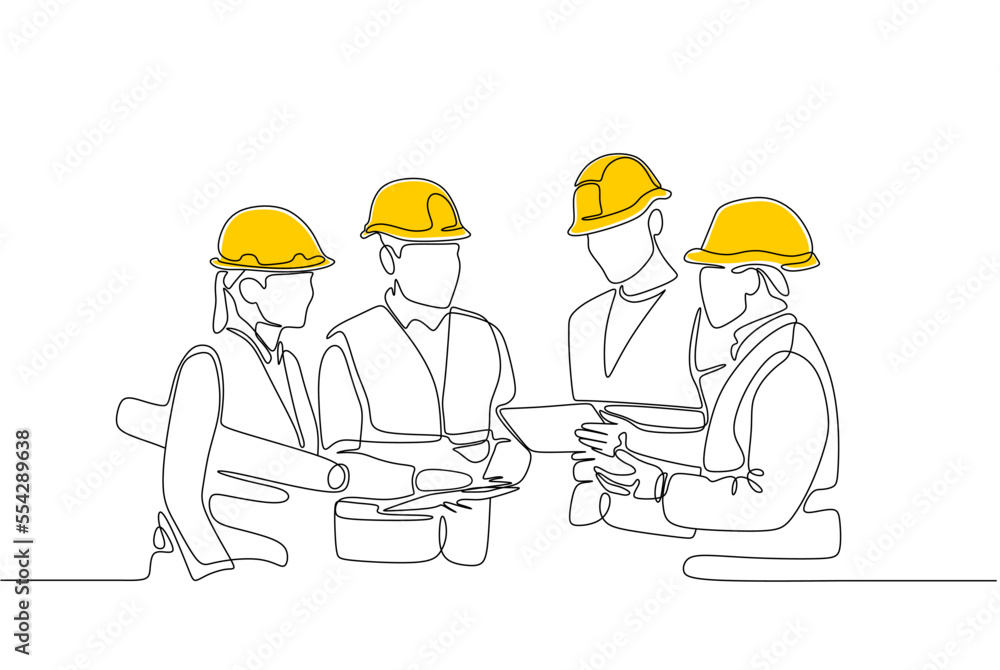 One line drawing of male and female building builder groups wearing ...