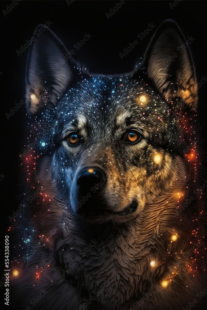 Wolf with Christmas lights, glowing animal, Christmas decorations ...