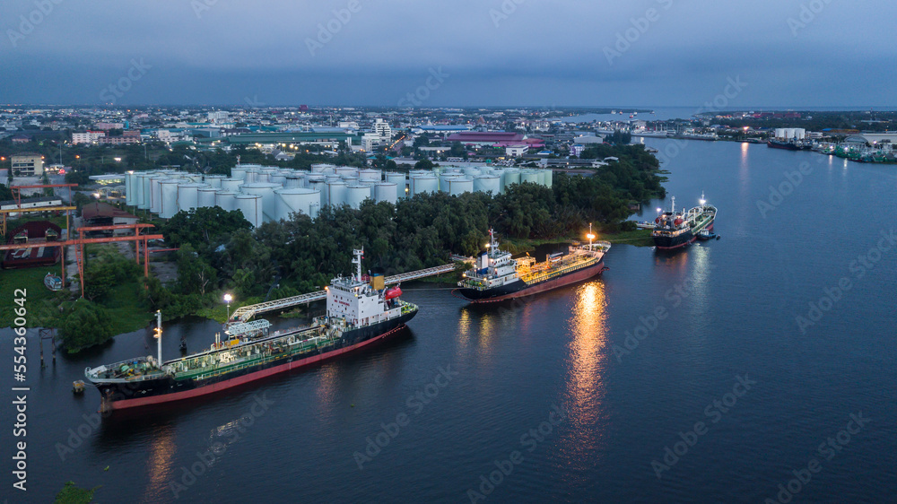 Aerial view oil ship tanker park at refinery port for transfer crude ...