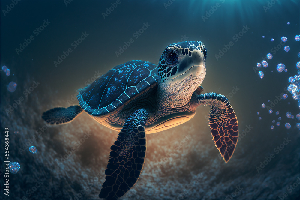 Baby Sea turtle swimming in the Ocean, Digital Illustration, Concept ...
