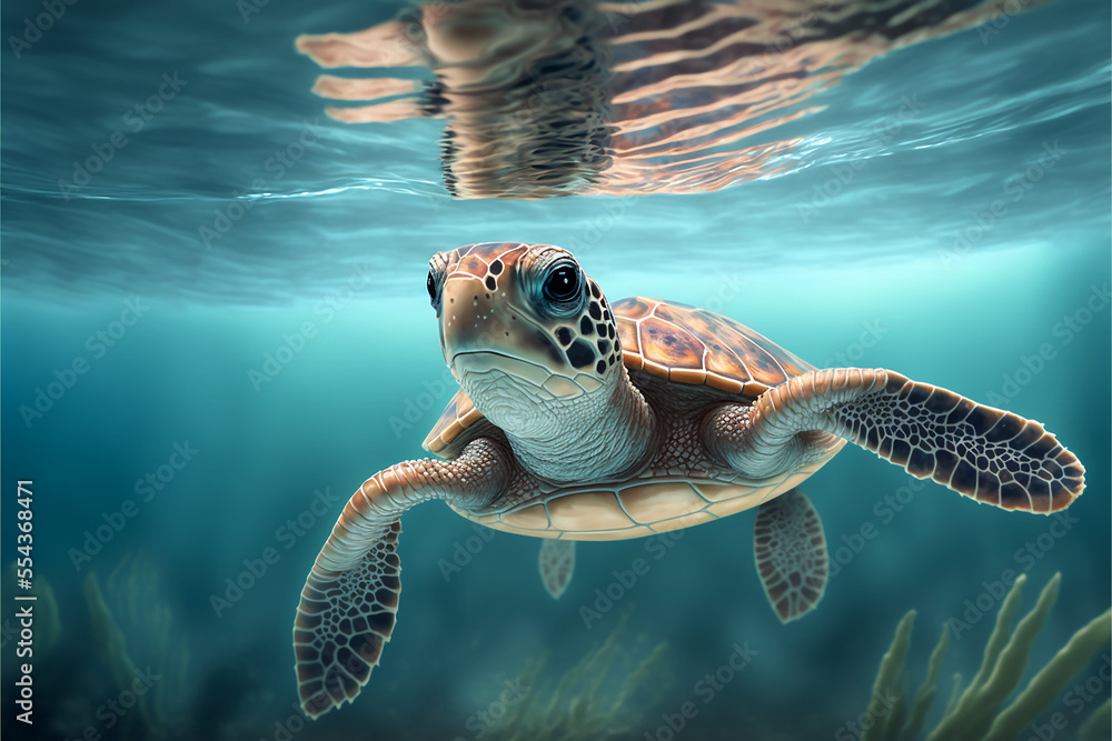 Baby Sea turtle swimming in the Ocean, Digital Illustration, Concept ...