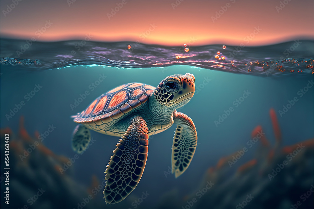 Baby Sea turtle swimming in the Ocean, Digital Illustration, Concept ...