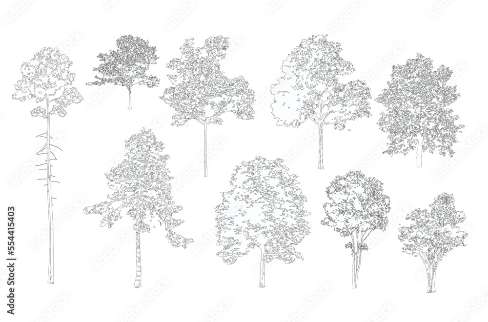 Minimal style cad tree line drawing, Side view, set of graphics trees elements outline symbol ...