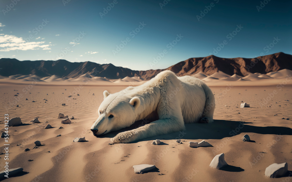 Polar bear (Ursus maritimus) lies on a desert area. Habitat ...