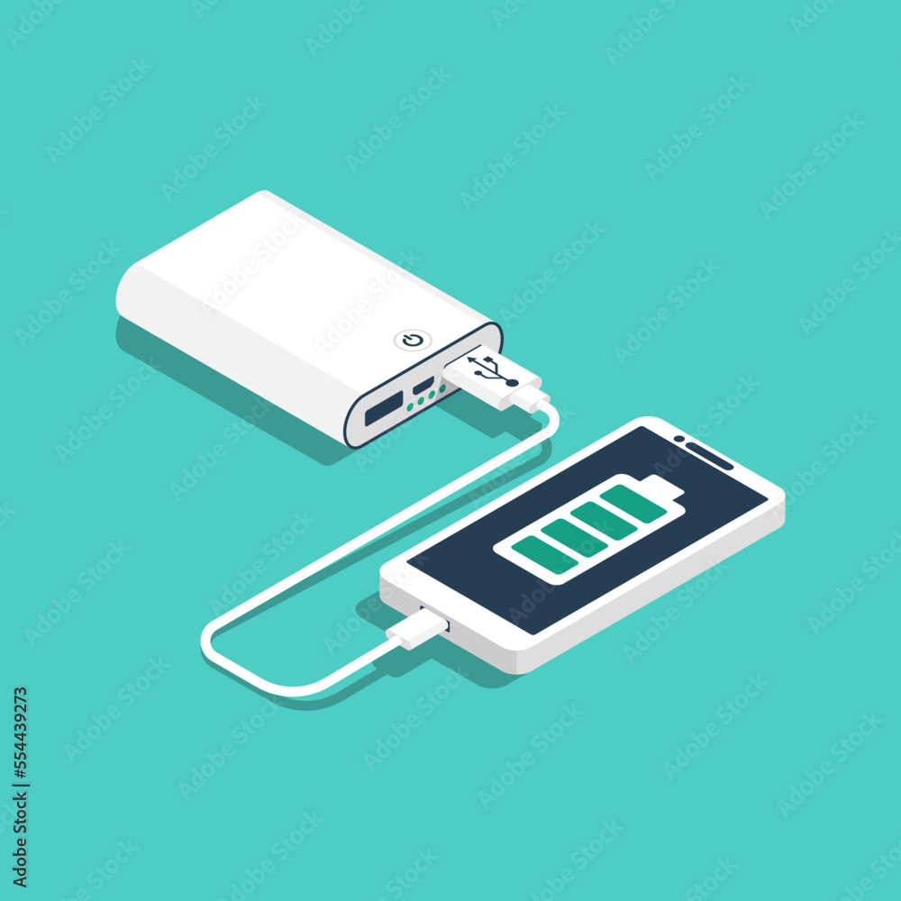 Smartphone is charged from the power bank. Mobile device for charging ...