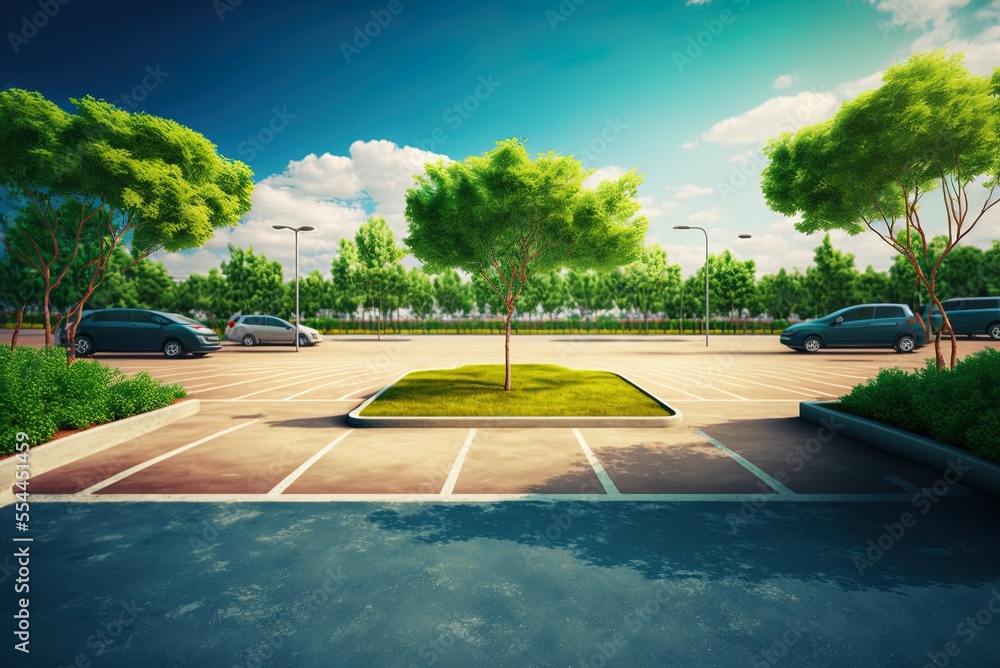 Blue sky and empty concrete parking lot in a city park, outside ...