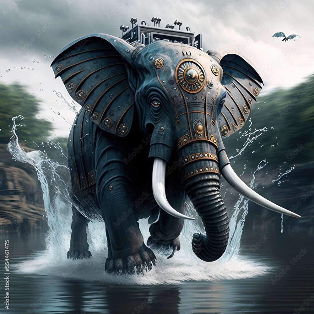 Armed war elephant, robot elephant in water, futuristic knight ...