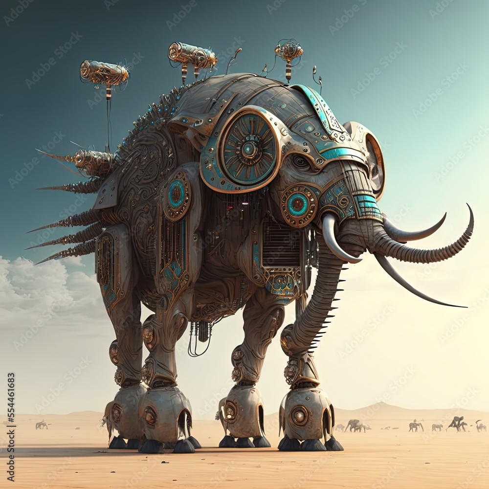 Illustration Stock Futuristic elephant knight, armed war elephant ...