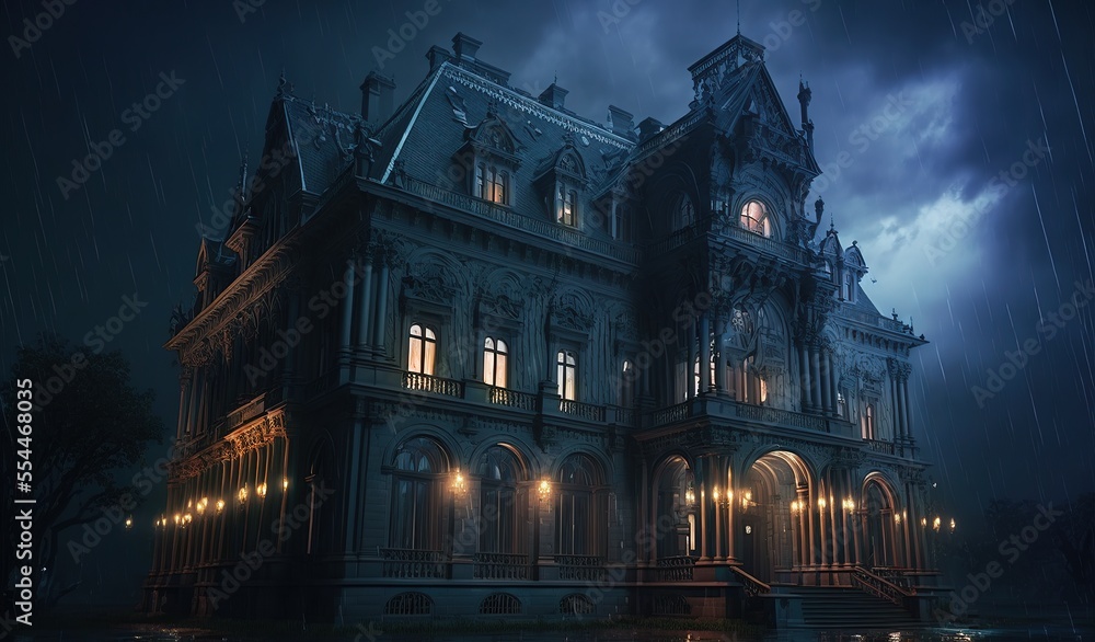 Dark Gothic Mansion in the Moon Light. Rainy Night Mystical Victorian ...