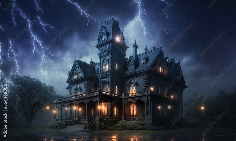 Ilustración de Stock Dark Gothic Mansion in the Moon Light. Rainy Night ...