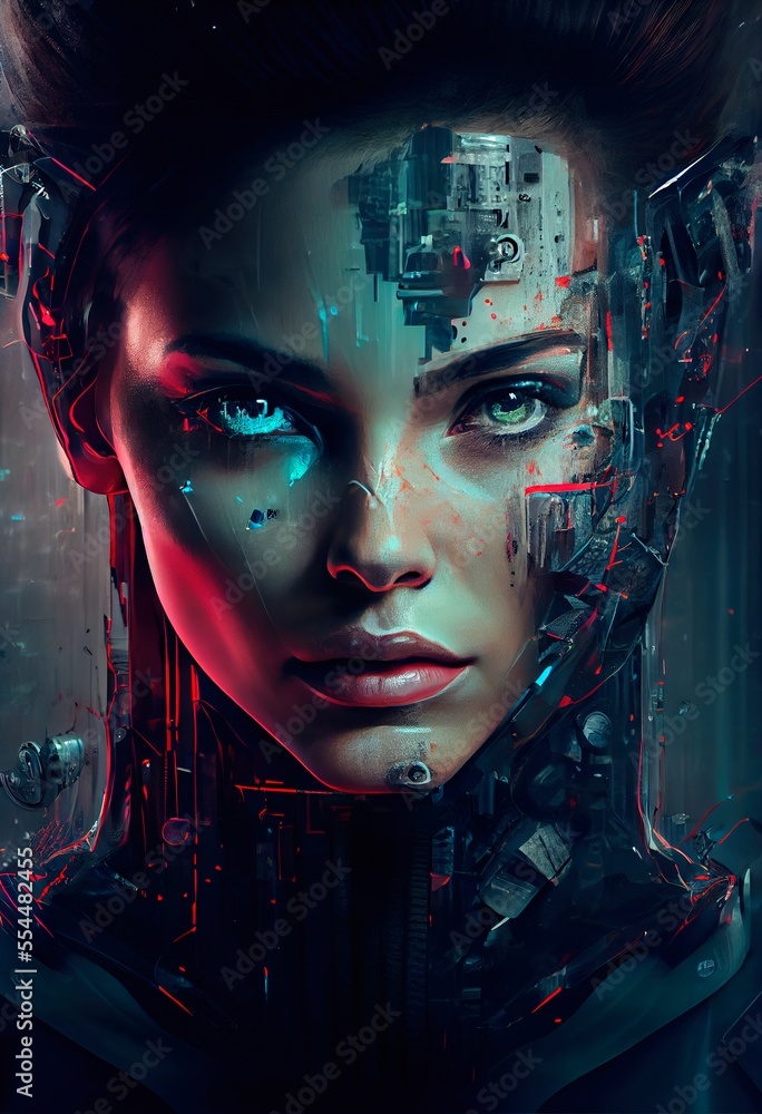 Portrait of a sci-fi cyberpunk girl. High-tech futuristic woman from the future. The concept of ...