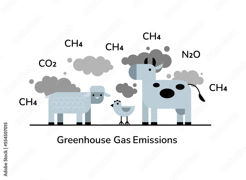 Farming agriculture generate different greenhouse gas flat vector illustration. Carbon CO2 and ...