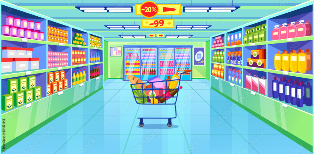 Supermarket with a cart full of food items on shelves. Grocery store ...
