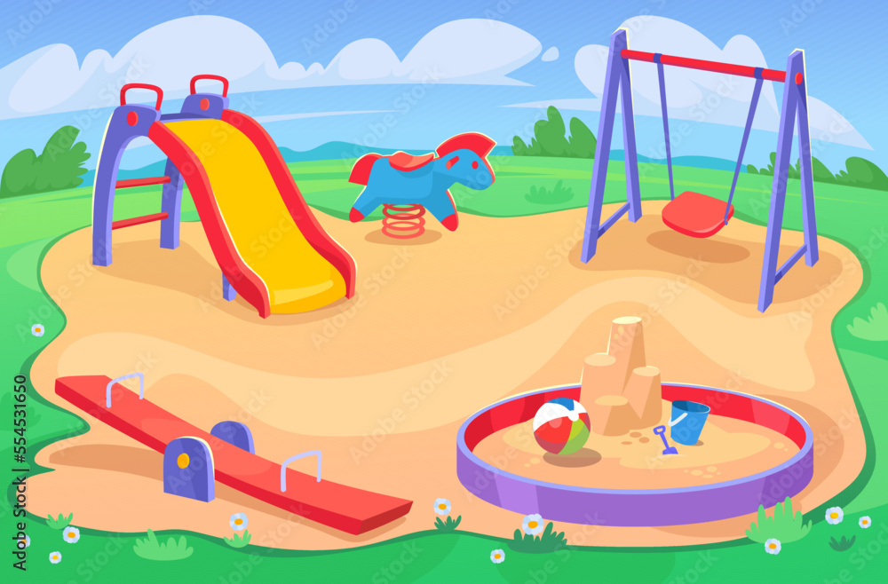 Playground in a park in summer with no kids. Playing equipment outside ...