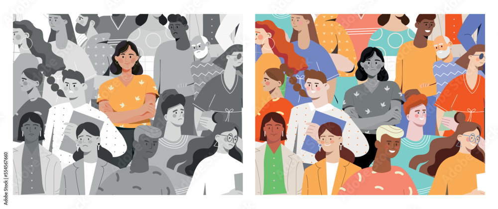 Different mood set. Comparison of cheerful and frustrated woman ...