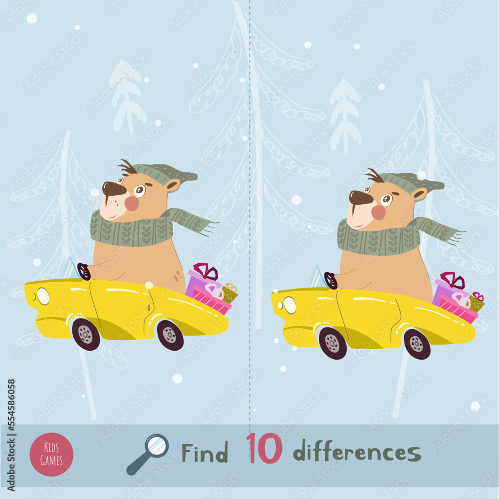 Find the differences. Kids learning games collection. Bear in a cartoon style is going by car ...