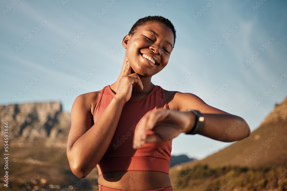 Heart rate, smartwatch and mountain with black woman running for ...