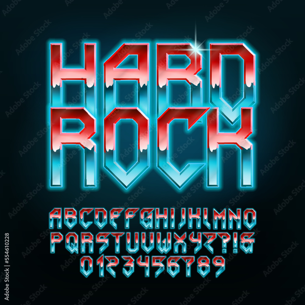 Hard Rock alphabet font. Glowing letters, numbers and punctuations in ...