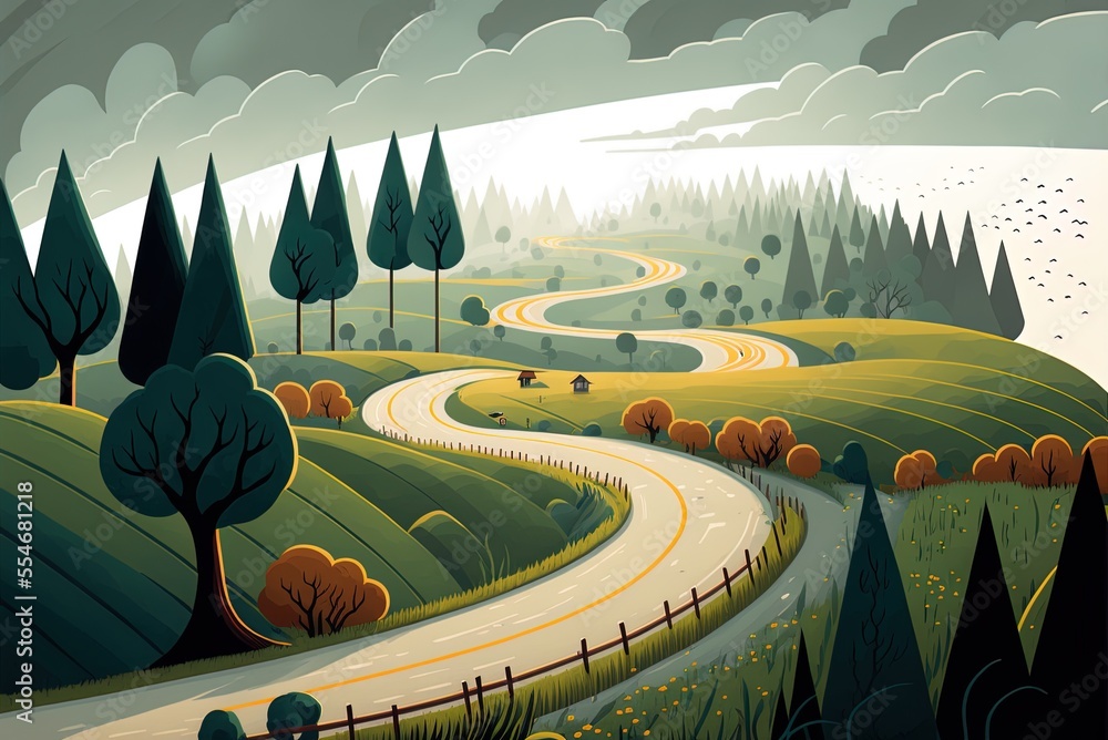 Cartoon natural landscape with a road winding through a field and a ...