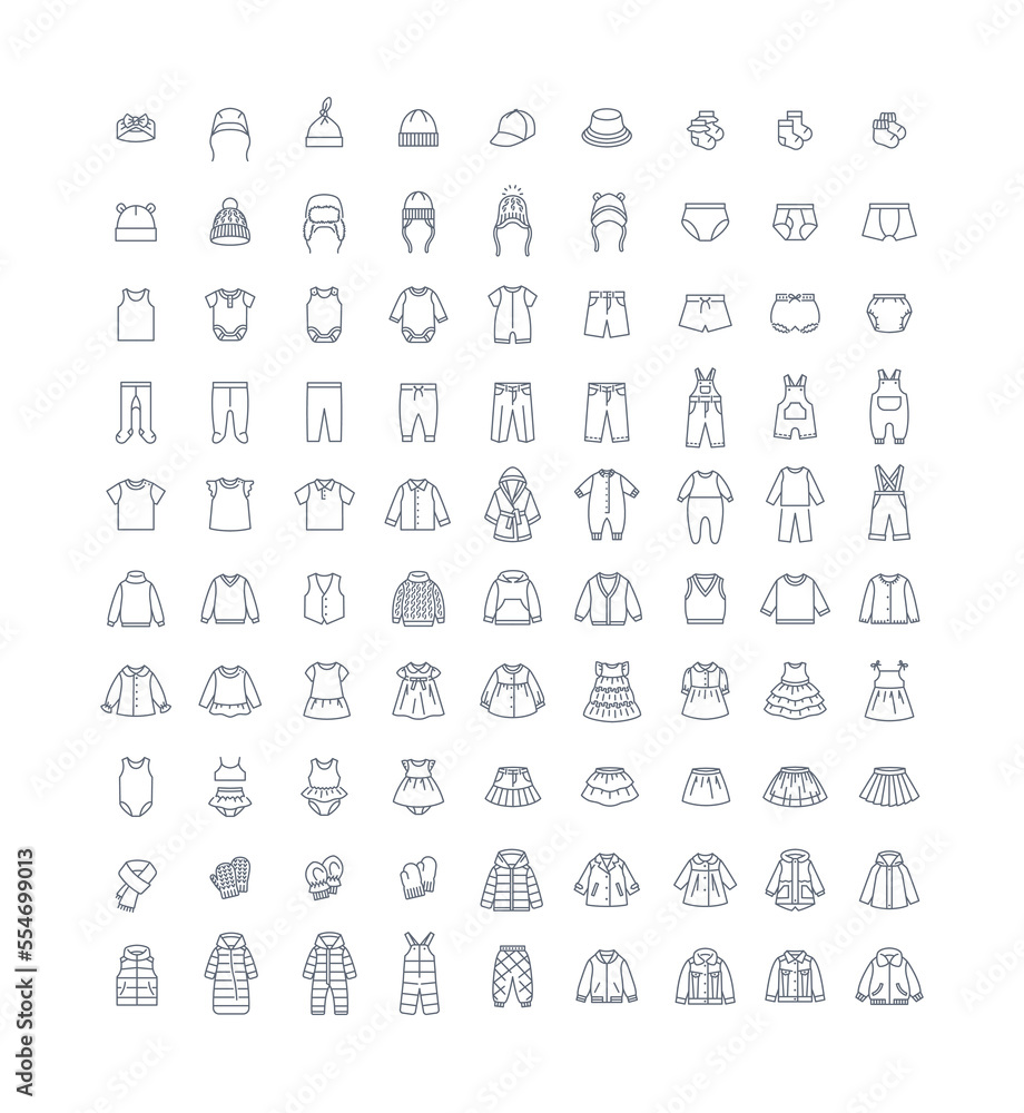 Baby cloth thin line icons. Simple linear pictograms for kids clothing ...