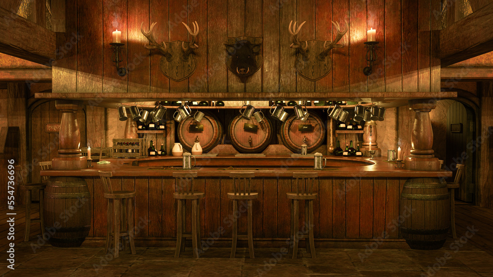 Medieval tavern bar with barrels of ale, cider and mead lit by ...