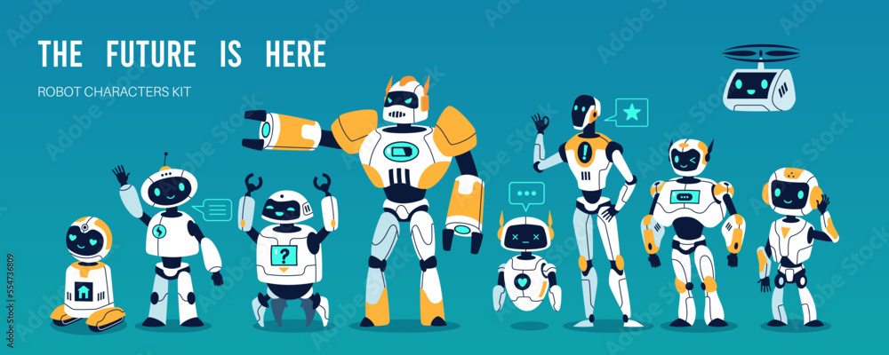 Cartoon robot characters. Funny futuristic toys, different type cyborgs, humanoid mechanical ...