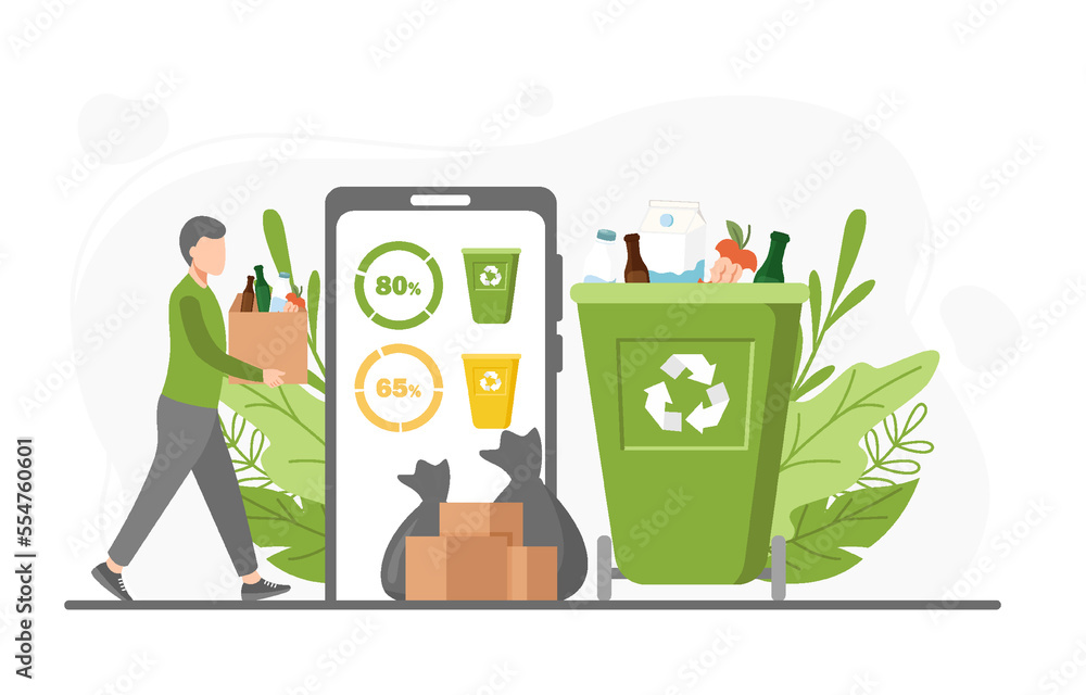 Characters reducing food waste, recycling plastic bottles. Reduce ...