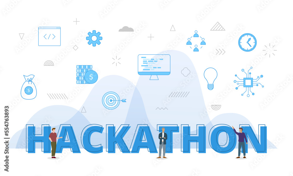 hackathon concept with big words and people surrounded by related icon ...