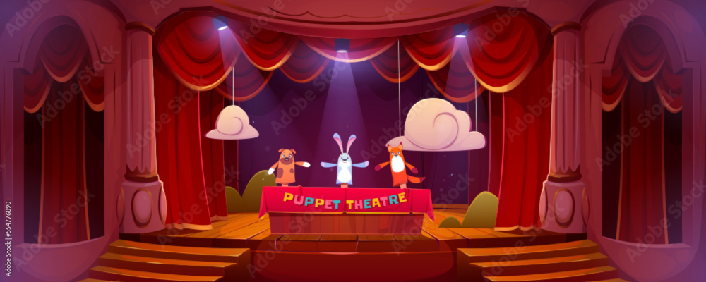 Puppet theater on stage, funny dolls perform show for children on scene ...