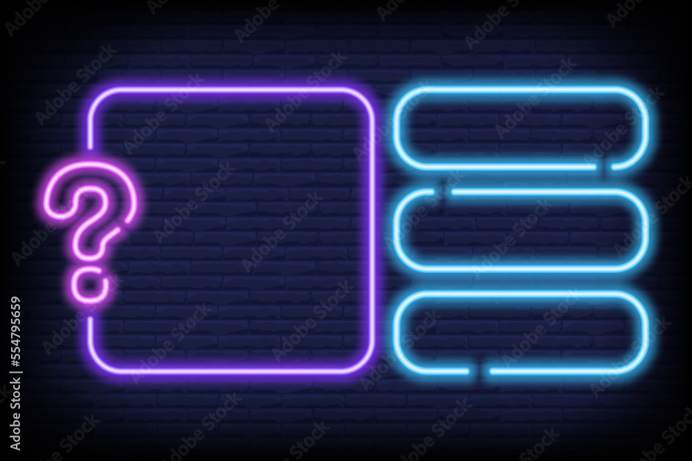 Neon quiz game template. Four options answers for knowledge exam in ...