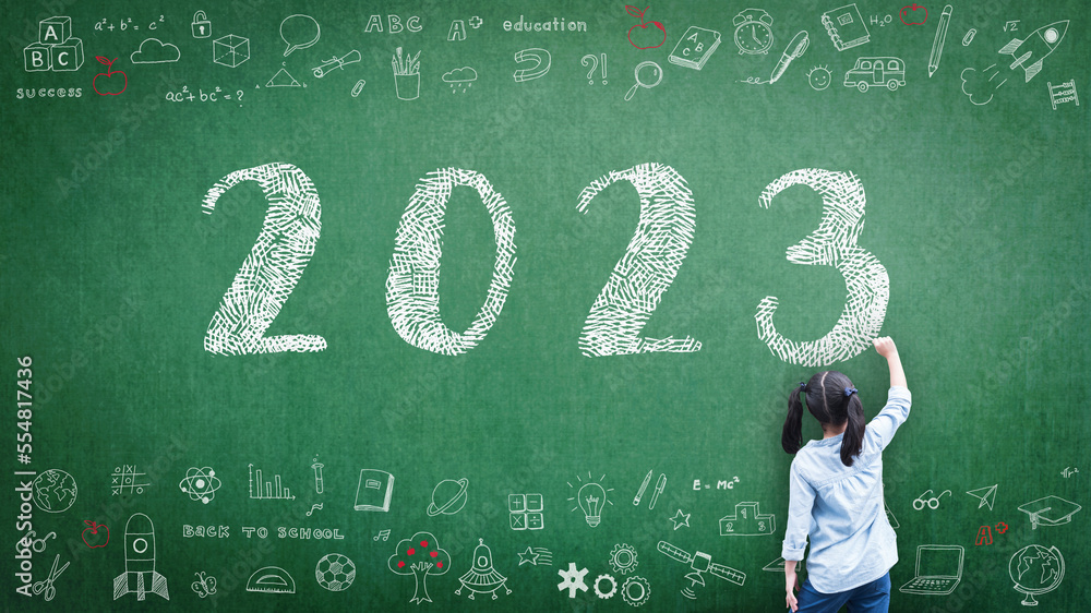 2023 Happy new year school class academic calendar with student kid's ...