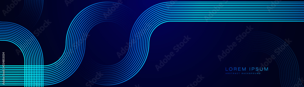 Abstract dark blue gradient horizontal banner background with glowing ...