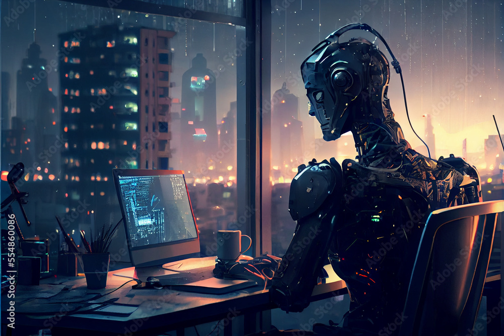 Humanoid robot, artificial intelligence working at his computer ...