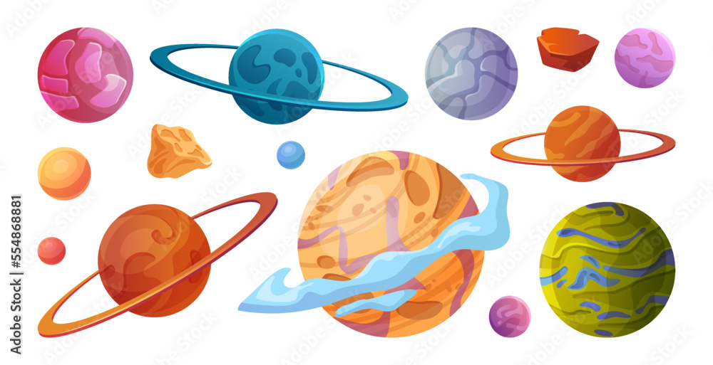 Fantasy alien planets for ui space game. Vector cartoon set of magic ...