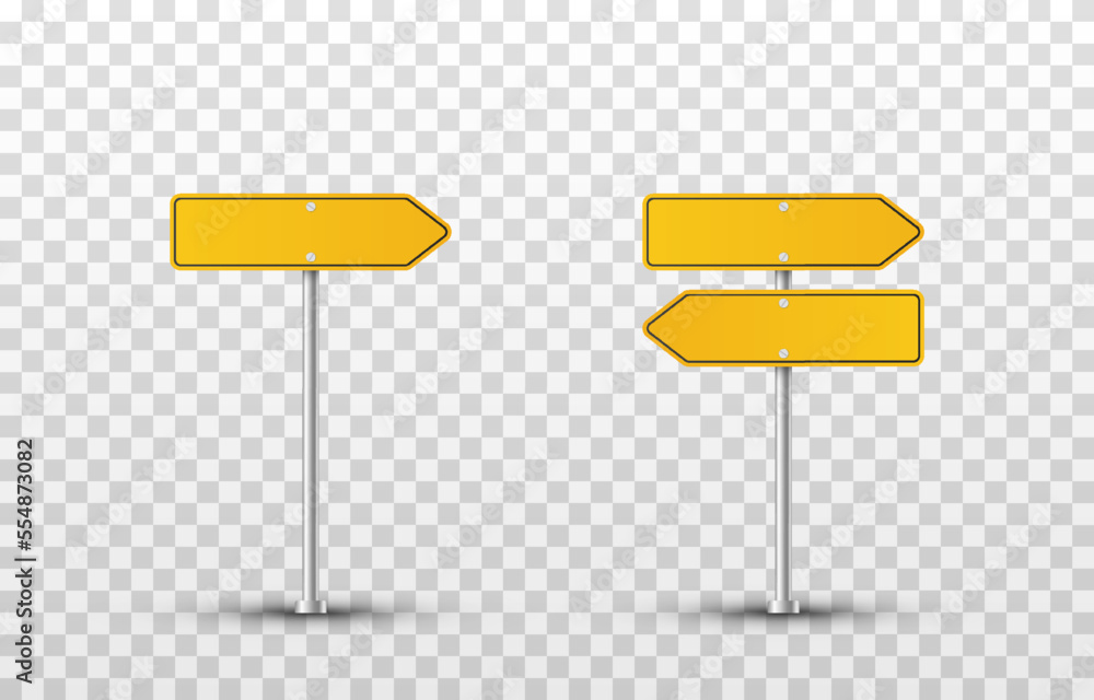 Vector set of road signs on an isolated transparent background. Yellow ...