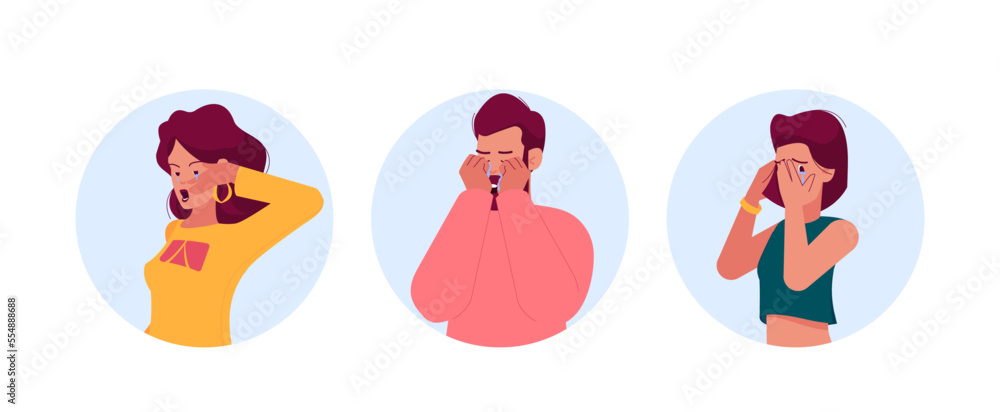 Sad People Crying Isolated Round Icons or Avatars. Desperate Male or ...