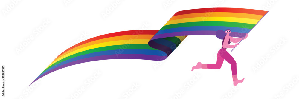 Cartoon flat character running with rainbow LGBT flag, isolated on ...