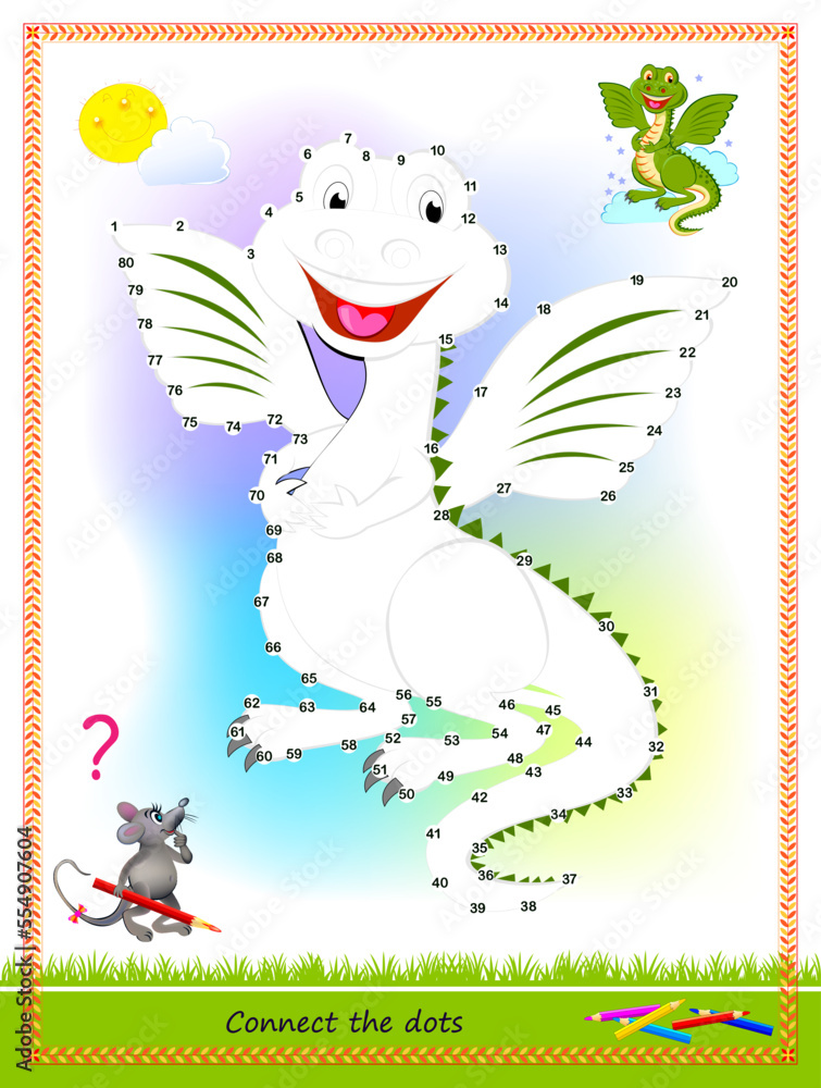 Connect the dots from 1 to 80 and color dragon. Draw the line between ...
