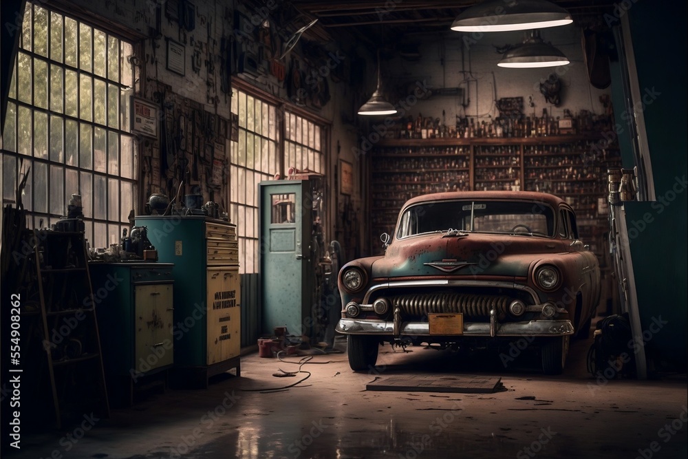 old garage with a rusty car (AI generated) Stock Illustration | Adobe Stock